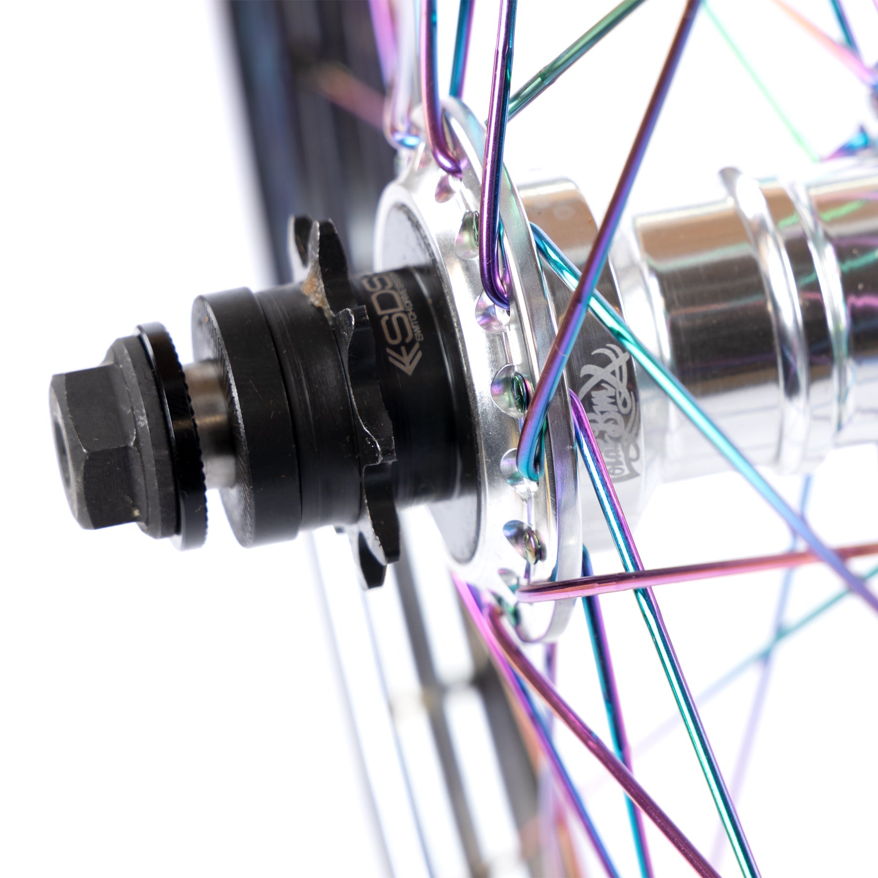 Total BMX Techfire Cassette Rear Wheel - Chrome With Rainbow Spokes 9